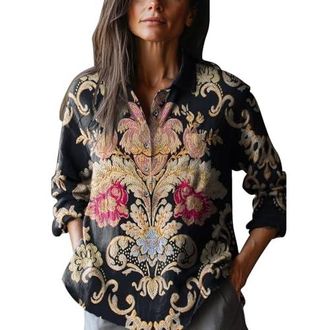 Generico Chemise Femme Curvy &agrave; Manches Longues Blouse en Lin Coton &Eacute;l&eacute;gant Grande Taille Chemises Col en V Doux Chemisier Vintage Fantaisie avec Boutons L&eacute;ger 