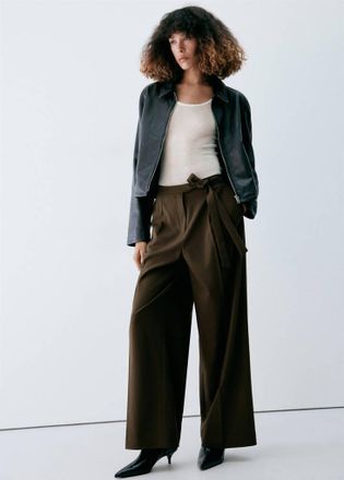 Mango Pantalon droit naud marron - Femme - 34 - MANGO