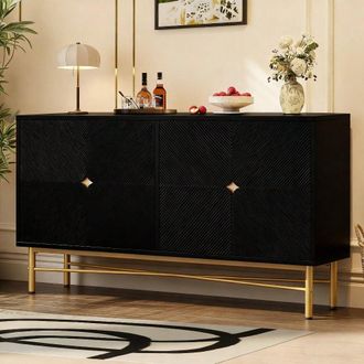 Generic Moderner Sideboard-Schrank mit 4 Türen, erhabener Textur & goldenen Griffen - Weiß Hochglanz, 160x40x82 cm (LxBxH) - Flurboard, TV-Schrank, Lowboard (