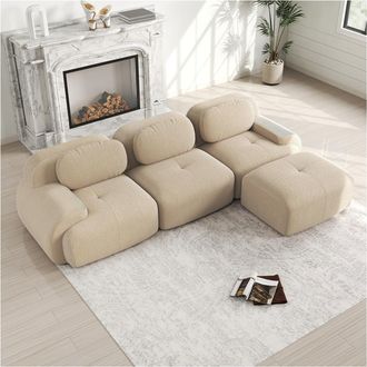 Generic L-f&ouml;rmiges modulares Cordsofa, modulares Ecksofa, Dreisitzer-Sofa, rahmenloses Sofa, ergonomisch, hochelastisch 32D gepolstert, for Wohnzimmer(Beige,3