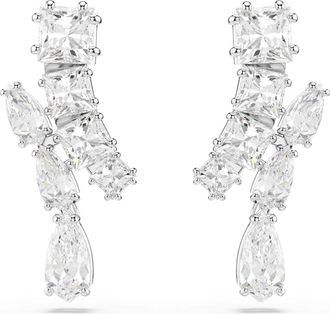 Swarovski Matrix Drop-Ohrhänger, Weiße, Rhodinierte Ohrringe mit Strahlenden Swarovski Kristallen in Verschiedenen Schliffen