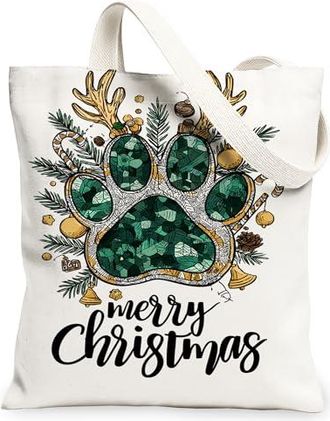 Generic Sac fourre-tout en toile avec motif animal imprim&eacute; de pattes de No&euml;l, sacs d&eacute;picerie r&eacute;utilisables, l&eacute;gers et lavables, vintage, blanc, 13x15 Inch