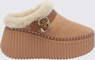 Chlo&eacute; Nama Mules aus Wildleder und Shearling mit hohem Plateauabsatz von