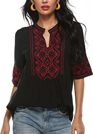 JD Williams Ukraine Chemisier dété pour Femme Tunique bohème Broderie Folklore Tops Boho Hippie Manches Courtes Lâche Haut 073-Noir,2XL