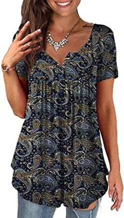 Baina Femmes T-Shirts Vintage Imprimé Floral T-Shirts Dames Décontracté Col en V Dété À Manches Courtes Tops Lâche Blouse Tunique Blouse Plus La Taille M - 