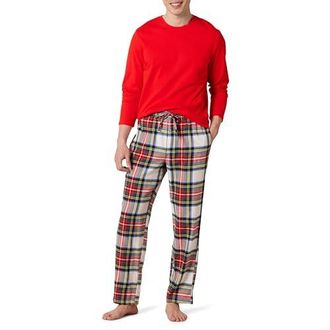 Amazon Essentials Ensemble de Pyjama avec Pantalon en Flanelle et T-Shirt à Manches Longues Homme, Rouge Tartan Plaid, XL