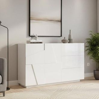 Dmora Kommode No&egrave;, K&uuml;chen-Sideboard mit 2 T&uuml;ren und 3 Schubladen, Wohnzimmer-Buffet, 100 % Made in Italy, 143 x 44 x 86 cm, gl&auml;nzendes Wei&szlig;