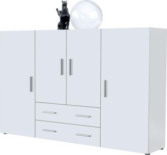 Vladon Highboard Nora Anrichte mit 2 Schubladen und 4 Türen mit insgesamt 8 Fächer dahinter, Weiß matt/Weiß matt (166,5 x 106,5 x 35 cm)