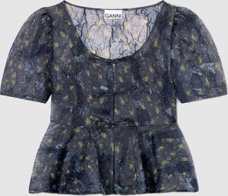 Ganni Blouse Printed Shibori Sun Cut Peplum Black Sand