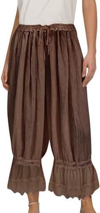 Generic Pantalon Y2k avec bordure en dentelle pour femme - Taille &eacute;lastique smock&eacute;e - Pyjama en dentelle ajour&eacute;e confortable - Pantalon mi-long ample &agrave; jambes