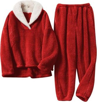 Generic Ensemble de pyjama en polaire pour femme - 2 pi&egrave;ces - V&ecirc;tement de nuit pelucheux pour lhiver, Rouge, XXL