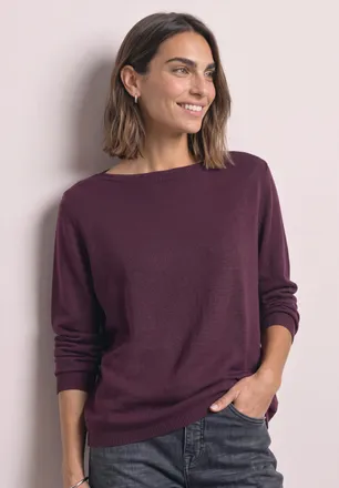 Street One Strickpullover STREET ONE, Damen, Gr. 34, lila (berry maroon), Stoff, 60% Viskose, 40% Baumwolle, unifarben, comfort fit normal, U-Boot-Ausschnitt, Ri