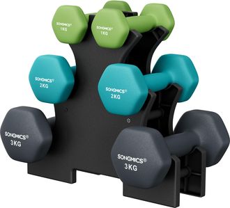 Songmics Kurzhantel Set, Hexagon, mit Hantelständer, 2 x 1 kg, 2 x 2 kg, 2 x 3 kg, mattes Finish, Neopren-Beschichtung, Krafttraining, zu Hause, limettengrün, 