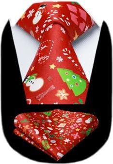 Hisdern Cravate Noel Rouge Père Cravates et Pochette Set à Motif Bonhomme Darbre de Noël de Dîner