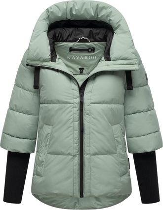 Navahoo moderne Damen Winterjacke warme Steppjacke mit Kapuze und Rippstrick&auml;rmeln Lotusherz XIV Smokey Mint Gr. XS