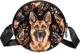 Generic Sac &agrave; bandouli&egrave;re rond pour femme, motif berger allemand, fleur, petit sac &agrave; bandouli&egrave;re avec fermeture &eacute;clair, bretelles r&eacute;glables, sac &agrave; main rond d