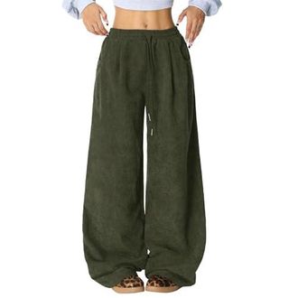 Generic Uwdiohq Pantalon Femme Velours C&ocirc;tel&eacute; Ample D&eacute;contract&eacute;s Taille Haute &Eacute;lastique Couleur Unie Pants L&eacute;ger Larges Pantalons &agrave; Cordon avec Poches Pantalo