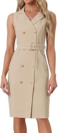 Allegra K Femmes sans Manches Revers cranté Double Boutonnage ceinturé Travail Bureau Robe Blazer Robes Kaki L