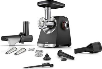 Bosch MultiPower Serie 6 Fleischwolf MFWS650B, 3 Lochscheiben (3, 4,5 und 8 mm), Edelstahl, spülmaschinenfest, Entsafter, Wurst- und Kebbe-Aufsatz, Motorblo