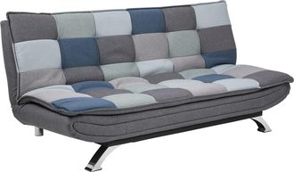 AC Design Furniture Jasper Bettcouch Blau/Grau Patchwork, Schlafsofa mit 3 Liegepositionen, Moderner 3-Sitzer Ohne Armlehne, Gepolstert mit Verchromten Beinen, L: 196 x H