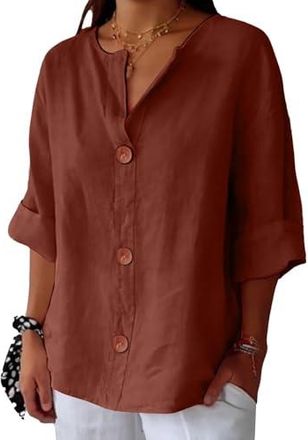 Generic Chemise boutonn&eacute;e en coton et lin &agrave; manches 3/4 pour femme, col en V, uni, coupe ample, tenue dautomne, caf&eacute;, 4XL