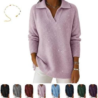 Generic Pull Ample Et Brillant à Col en V pour Femme, Idéal pour Les Fêtes De Fin Dannée(Pink,3XL)