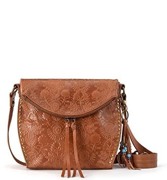 The Sak Crossbody Bag in Leather, Silverlake Sac Cuir avec bandoulière réglable et Poches zippées Femme, Tabac Floral embossé II, Taille Unique