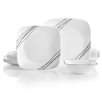 Corelle Corelle 18-teiliges Tafelservice, einfache Skizze, schwarz und weiß für 6 Personen, splitterfestes Geschirr, inklusive 26 cm quadratischen Speisetelle