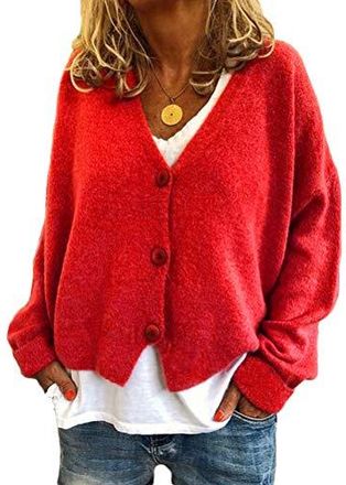 Onsoyours Femme Cardigan Manches Longues Veste Courte Gilets en Tricot Chandail El&eacute;gant Automne Bouton Blouson L&acirc;ch&eacute; Outwear Haut Top B Rouge L