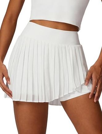 Feoya Femme Jupe Tennis Plissée Jupe Taille Haute Poche Shorts Sport Courte Jupe dété lextérieur Blanc L