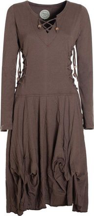 vishes Midikleid Langes Langarm Bio Ballonkleid einfarbig mit Schnürung V-Ausschnitt Hippie, Elfen, Festag, Style