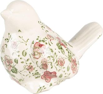 Clayre & Eef Figur Vogel 19x11x14 cm Rosa Beige Keramik Blumen Wohnaccessoires