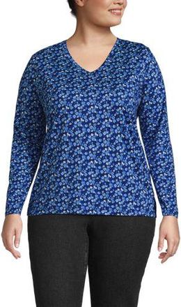 Lands End Supima Langarm-Shirt mit V-Ausschnitt, Damen, Größe:56-58 plus, Blau, Baumwolle, by Lands End