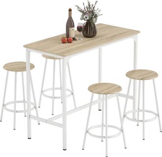 HOMCOM Hoher K&uuml;chentisch mit 4 Hockern, platzsparender hoher Bartisch, f&uuml;r kleine R&auml;ume, Esszimmer, Balkon oder K&uuml;cheninsel 110x50x89,5 cm, Natur & Wei&szlig;