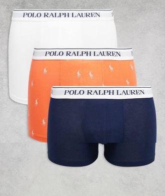 Polo Ralph Lauren 3er-Pack klassische Trunk-Unterhosen in Orange/Wei&szlig;/Marineblau mit wei&szlig;em Logobund im einfarbigen Design und mit Markenlogo-Muster-Bunt