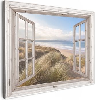 MuchoWow Leinwand Bilder, Einzigartige Wanddeko mit Rahmen, Durchblick - Strand - Meer - Dünen - Strandgras - Sand - Blau, Wandbilder Wohnzimmer, Deko Schlafzi