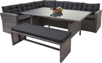 Mendler Poly-Rattan-Garnitur HWC-A29, Gartengarnitur Sitzgruppe Lounge-Esstisch-Set Sofa + Bank - grau, Kissen grau