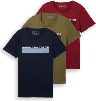 Tom Tailor Herren Triplepack T-Shirt mit Print, Dry Greyish Olive, XXL