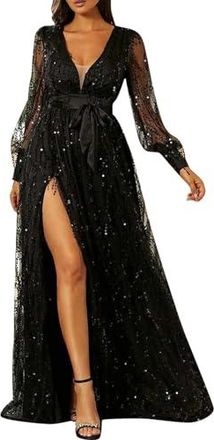 Generic Robe de Soiree Femme Chic Et Glamour Robe Cocktail Bustier Élégante À Sequins pour Femme Décolleté en V Profond Taille Mi-Haute Col Halter Et Les Banq