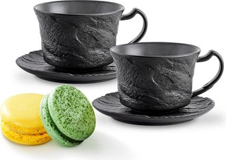 Wilmax England Wilmax - Schwarze Tasse mit Untertasse - 2 Stück - 180 ml - Becher aus Porzellan - Espressotassen - Teetassen - Kaffeetassen - Kaffeeservice 2 Persone