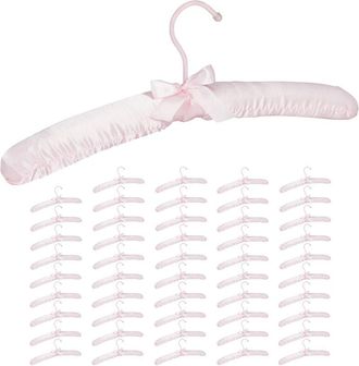 Relaxdays 50 x Kleiderb&uuml;gel Satin, weich gepolstert, 360&deg; drehbarer Haken, dekorative Schleife, Satinb&uuml;gel, 38 cm breit, rosa