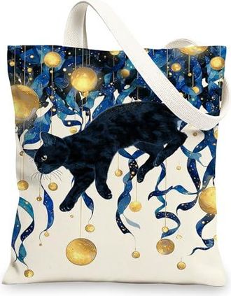 Generic Sacs fourre-tout en toile motif chat artistique, sacs de courses réutilisables, modernes, élégants, légers et lavables avec bandoulière pour salle de 