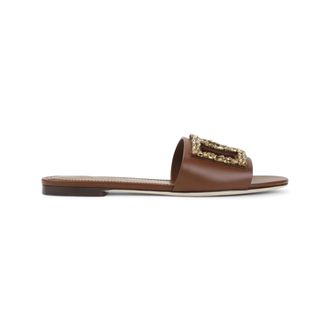 Dolce & Gabbana Femme, Chaussures, Brun, Taille: 36 EU Slides plates en cuir de veau avec broderies