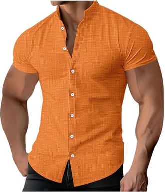 Generic Chemise en lin pour homme respirante unie boutonn&eacute;e &agrave; col montant intelligente classique l&eacute;g&egrave;re confortable d&eacute;contract&eacute;e &agrave; manches courtes pour l&eacute;t&eacute; e
