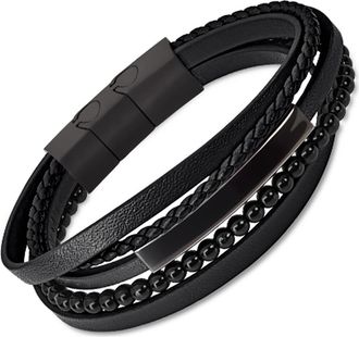 Lotus Bracelet homme multirang cuir noir acier