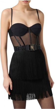 Elisabetta Franchi Femme, Robes, Noir, Taille: 36 FR Tulle Mini Dress With Fringes