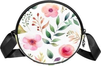 Generic Petit sac &agrave; bandouli&egrave;re circulaire pour femme, motif feuilles florales, sac &agrave; dos avec fermeture &eacute;clair, bretelles r&eacute;glables, sac &agrave; main rond d&eacute;contra