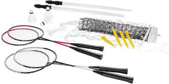 Crivit Badminton Komplett-Set f&uuml;r bis zu 4 Spieler: 4 Schl&auml;ger, 3 B&auml;lle, Spielnetz, Spannschn&uuml;re und Bodenanker