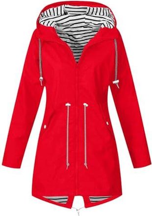 Generic Vestes pour femmes 2026 - Veste de pluie solide pour lext&eacute;rieur - Grande taille - Coupe-vent - Manteau ample &agrave; capuche, Rouge, L