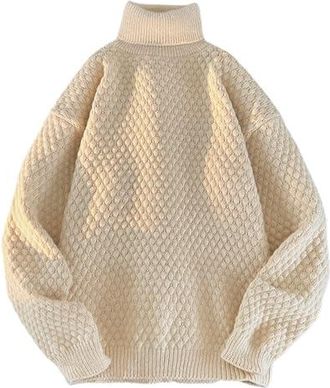 Generic Pull en tricot torsadé pour homme - Pull à col roulé coupe ajustée pull en tricot chaud couleur unie col roulé pull décontracté dhiver, beige, XXL